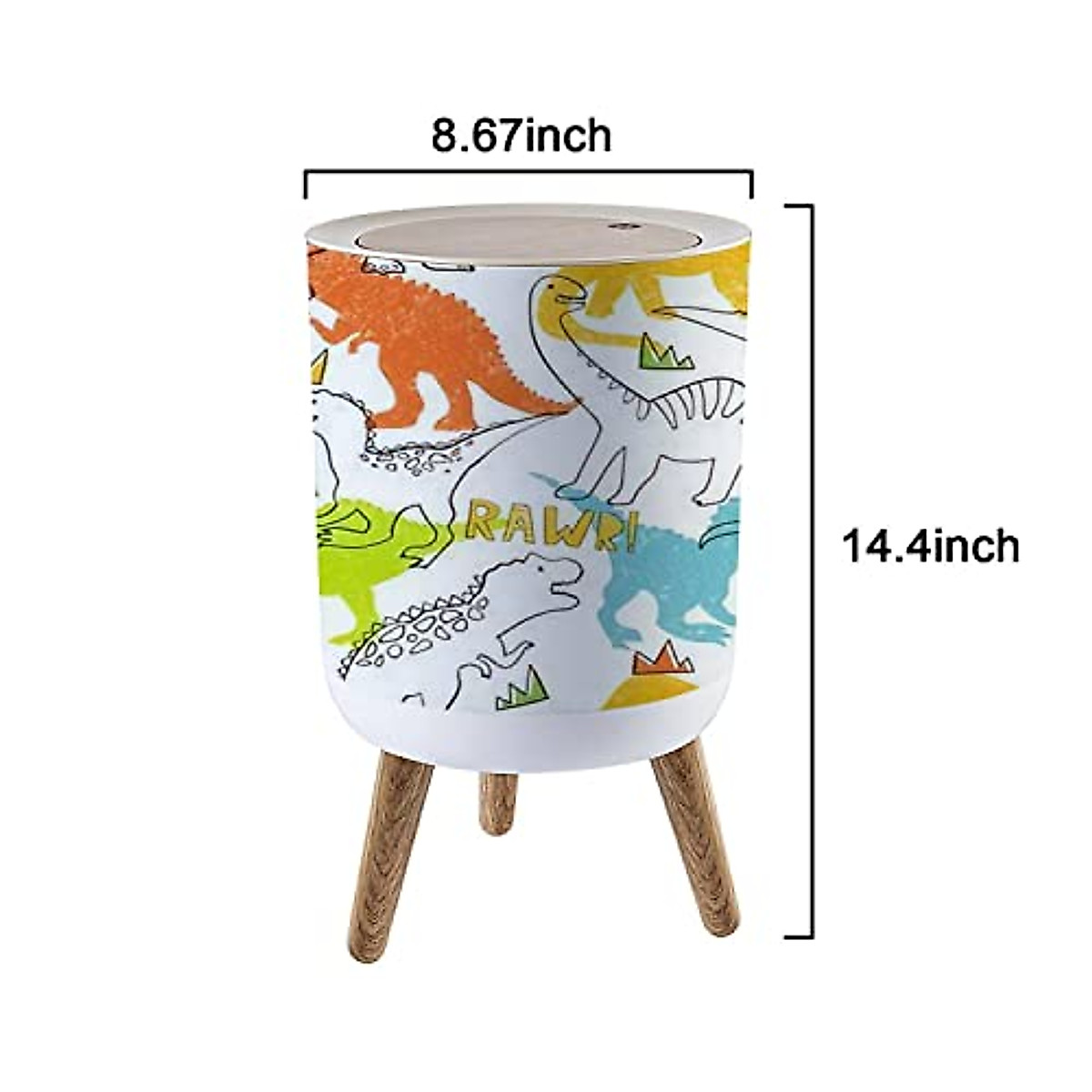 SHL96PZGX Small Garbage Can with Lid Grunge Seamless with Dinosaur on White Print for Boys with Wood Long Legs Simple Human Trash Can for Kitchen, Bathroom, Dog Proof, 1.8 Gallon - 7L