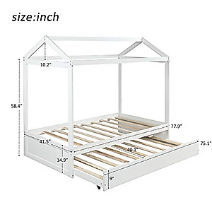 Harper & Bright Designs House Bed , Bed Frame Twin with Trundle and Roof, Toddler Daybed Twin, Children's Bed, No Box Spring Needed ,White