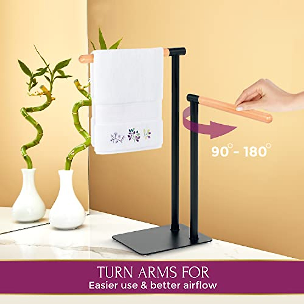 Black Hand Towel Stand for Countertop - Steel and Bamboo Hand Towel Holder for Bathroom Countertop, Double L-Shaped Black Hand Towel Holder for 2 Towels with Non-Slip Pads