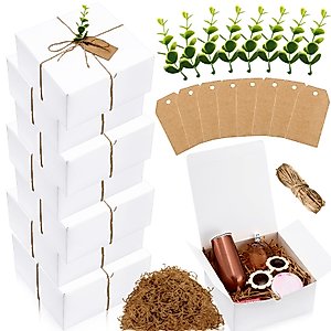 Crtiin 26 Pcs Gift Box Set 8 Bridesmaid Proposal Box 8 Wedding Gift Kraft Paper Tag 8 Eucalyptus 120g Leaves Paper Shred Filler 1 Rope for Christmas Birthday(8 x 8 x 4 Inch,White, Khaki)