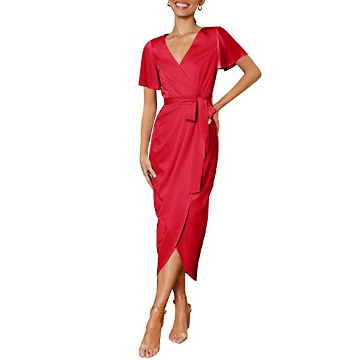 ZESICA Women's Elegant Bodycon Party Dress Satin Wrap V Neck Ruched Belted Formal Midi Dresses,Red,Medium