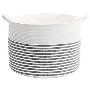 UBUL One Woven Cotton Rope Storage Basket(21.7X21.7X13.8Inch) With Handle, Blanket Basket, Shoes Basket, Toy storage, Pillow Basket, Round Basket, Towel Basket., Grey & White Stripes