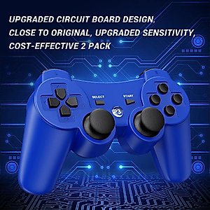 OKHAHA Controller 2 Pack for PS3 Wireless Controller for Sony Playstation 3, Double Shock 3, Bluetooth, Rechargeable, Motion Sensor, Remote for PS3 (No Stripes(Black + Blue))