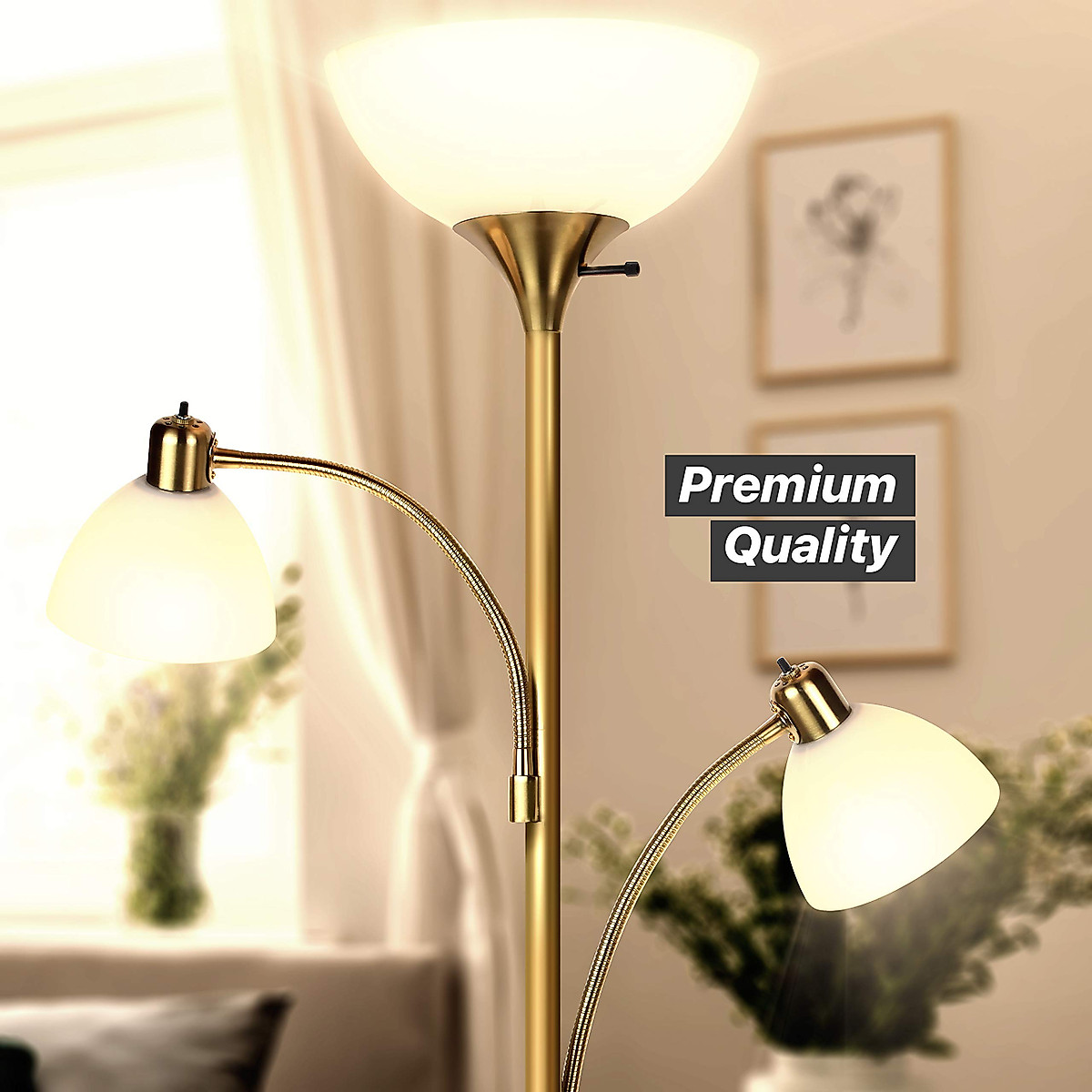 Brightech Sky Dome Double LED Floor lamp, Torchiere Super Bright Floor Lamp with 2 Reading Lamps for Living Rooms & Offices - Dimmable Tall Standing Lamp for Bedroom Reading - Tall Brass Pole