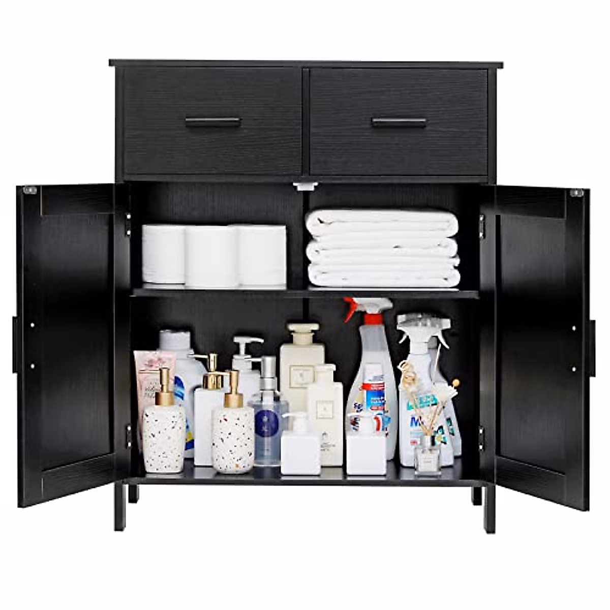 Quimoo Storage Cabinet, Bathroom Floor Cabinet with 2 Doors & Adjustable Shelves, Bathroom Storage Cabinet with 2 Doors for Living Room, Home Office, Black