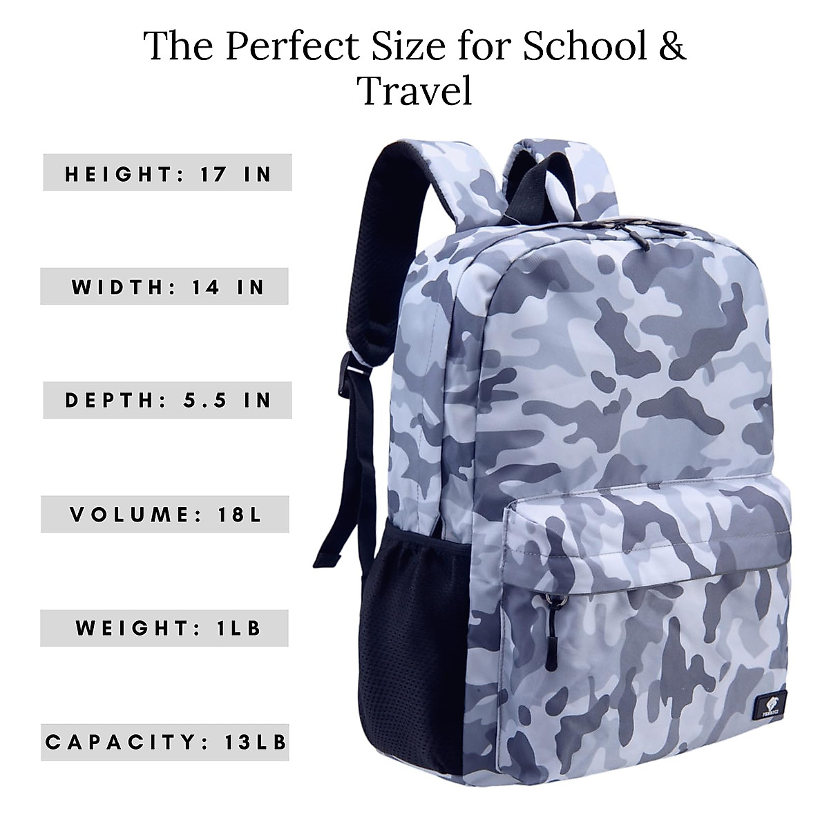 Fenrici Camo Backpack for Boys, Girls, Kids, Durable Kids' Backpack for School with Multiple Compartments, Bookbags with Padded Laptop Compartment, Camouflage, Grey, 17 Inch