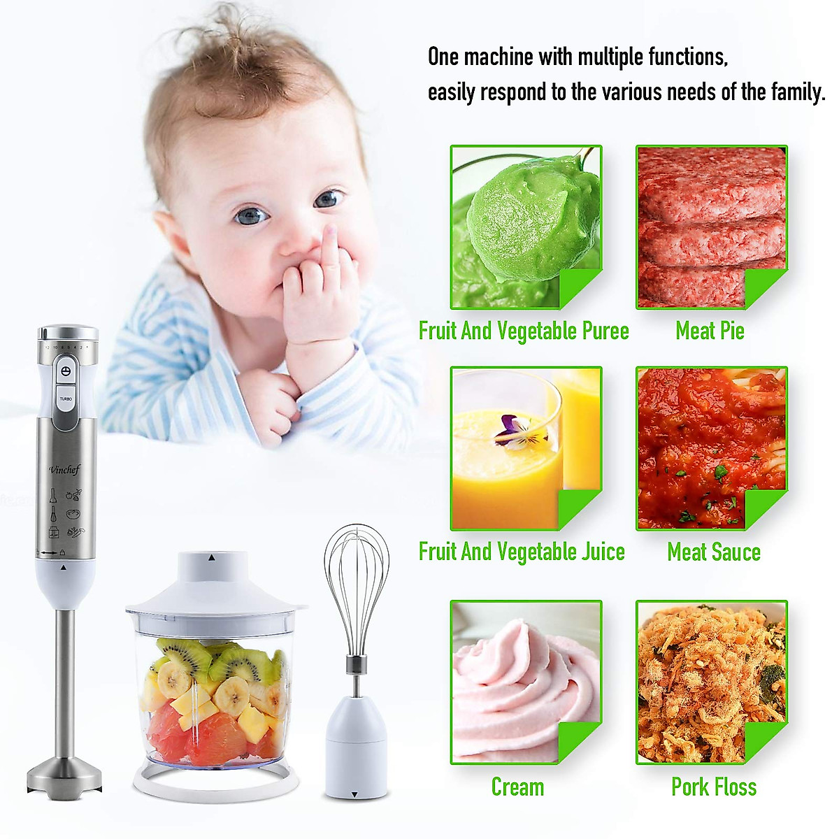 Vinchef 5 in 1 Immersion Hand Blender, 300 Watt, Multi-Speed Stainless Steel Handheld Stick Blender with 700ml Beaker, Whisk, Chopper/Grinder Bowl and Wall Rack, BPA-Free