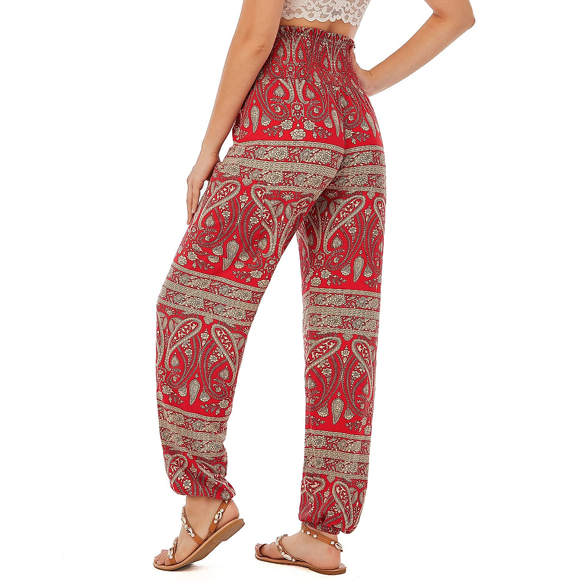 QIANXIZHAN Women's Harem Pants, High Waist Yoga Boho Trousers with Pockets Burgundy Red S