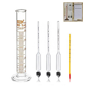 Alcohol Hydrometer Accurate 5 Pieces Alcoholmeter Kit 0-100% (ABV) Tralle 0-100 for Spirits Whiskey Moonshine Distilling Liquors Testing with 100ml Glass Test Jar Carry Storage Wood Box