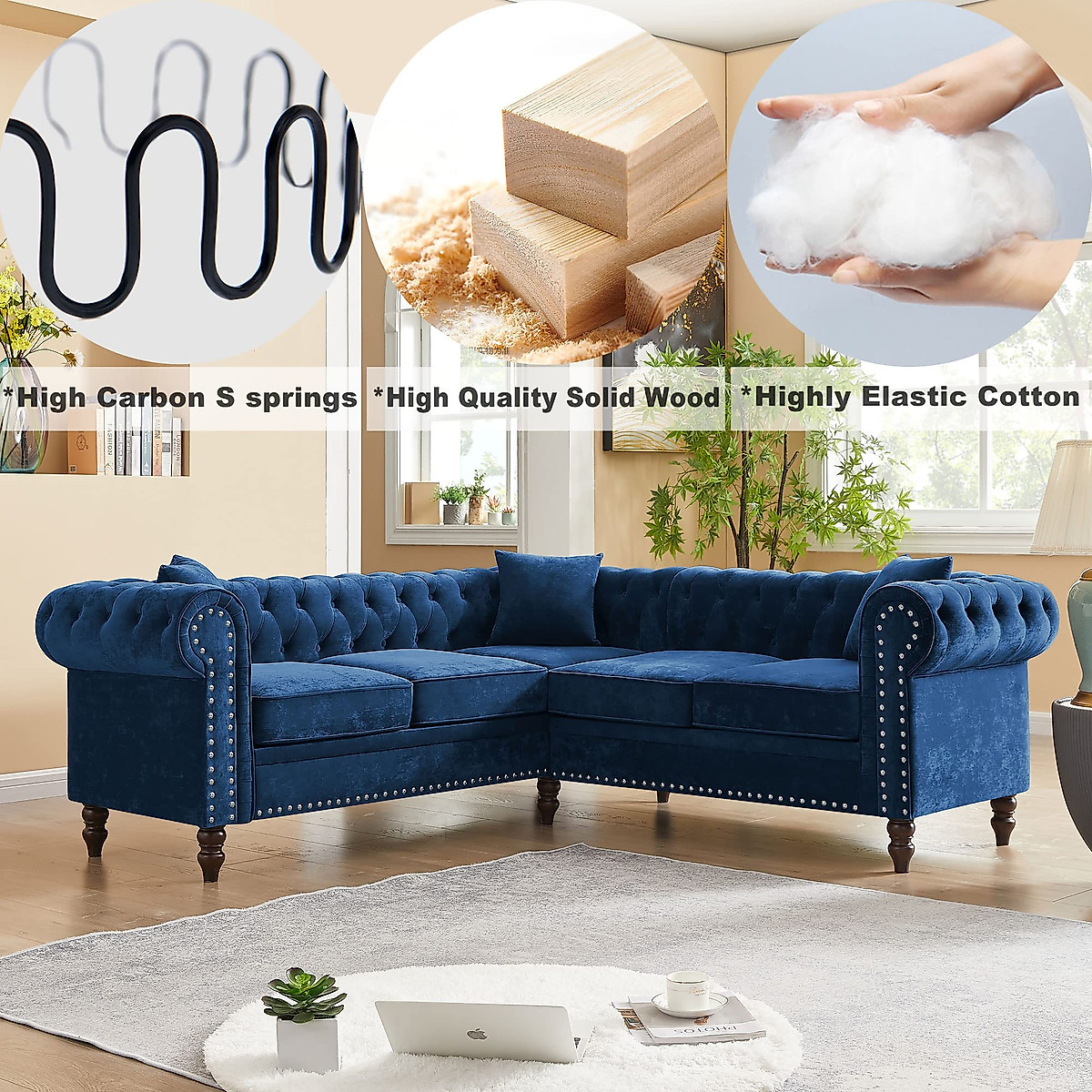 Merax L-Shaped 80" Deep Sofa Couch, Luxury Classic Chesterfield L-Shaped Velvet Sofa, Button Tufted Upholstered Sectional Corner Sofa with 3 Pillows and Solid Wood Gourd Legs, Blue Velvet