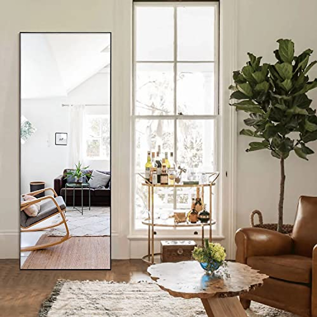 MIRUO Full Length Mirror, 64" x 21" Aluminum Alloy Frame Floor Mirror with Stand, Large Bedroom Mirror, Free Standing or Wall Mounted or Leaning Against Wall, Black