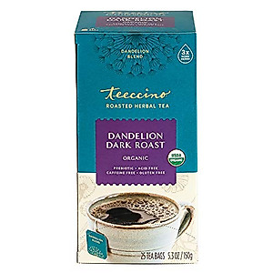 Teeccino Dandelion Herbal Tea - Dark Roast - Caffeine Free, Prebiotic, Gluten Free, 3x More Herbs - 25 Tea Bags