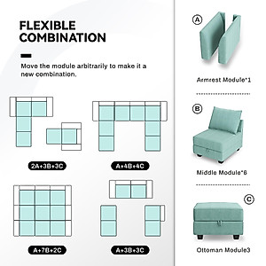 HONBAY Modular Sofa Sectional Sleeper Couch with Ottomans Reversible Sleeper Sectional Sofa Modular Couch with Storage, Aqua Blue