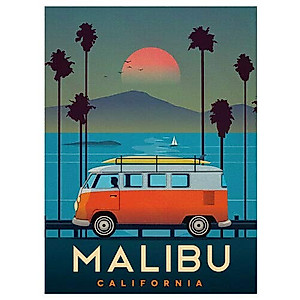 Magnet 3x4 inch Vintage Art Malibu VW Bus Sticker - surf California ca Old Beach Travel Magnetic Magnet Vinyl Sticker