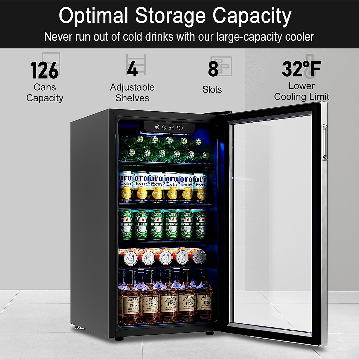 Feelfunn Beverage Refrigerator Cooler - 126 Can Mini Fridge Glass Door for Drinks Soda Beer Wine - Small Refrigerator for Office Bedroom Home Bar, 4 Adjustable Shelves, 3.2 Cu.Ft, Silver