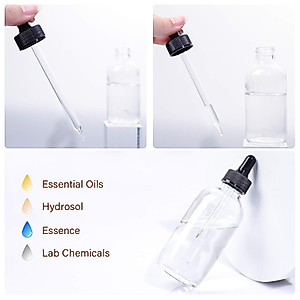 HWASHIN 12 Pack 4oz Clear Glass Bottles with Glass Eye Droppers for Essential Oils, Perfumes & Lab Chemicals (1 Brush, 2 Funnels, 2 Extra Droppers, 24 Pieces Labels & 30ml Measuring Cup Included)