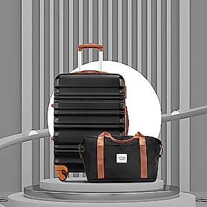 LONG VACATION Luggage Set 4 Piece Luggage Set ABS hardshell TSA Lock Spinner Wheels Luggage Carry on Suitcase (BLACK-BROWN, 6 piece set)