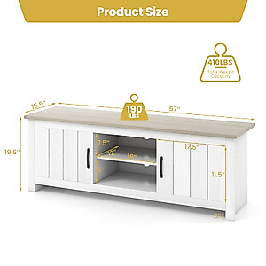Tangkula 2 Doors TV Stand for TVs up to 65”, 57” TV Console Table w/ 2 Cabinets & Open Shelves, 2 Cable Management Holes. Wood Media Entertainment Center TV Cabinet for Living Room (White Oak)