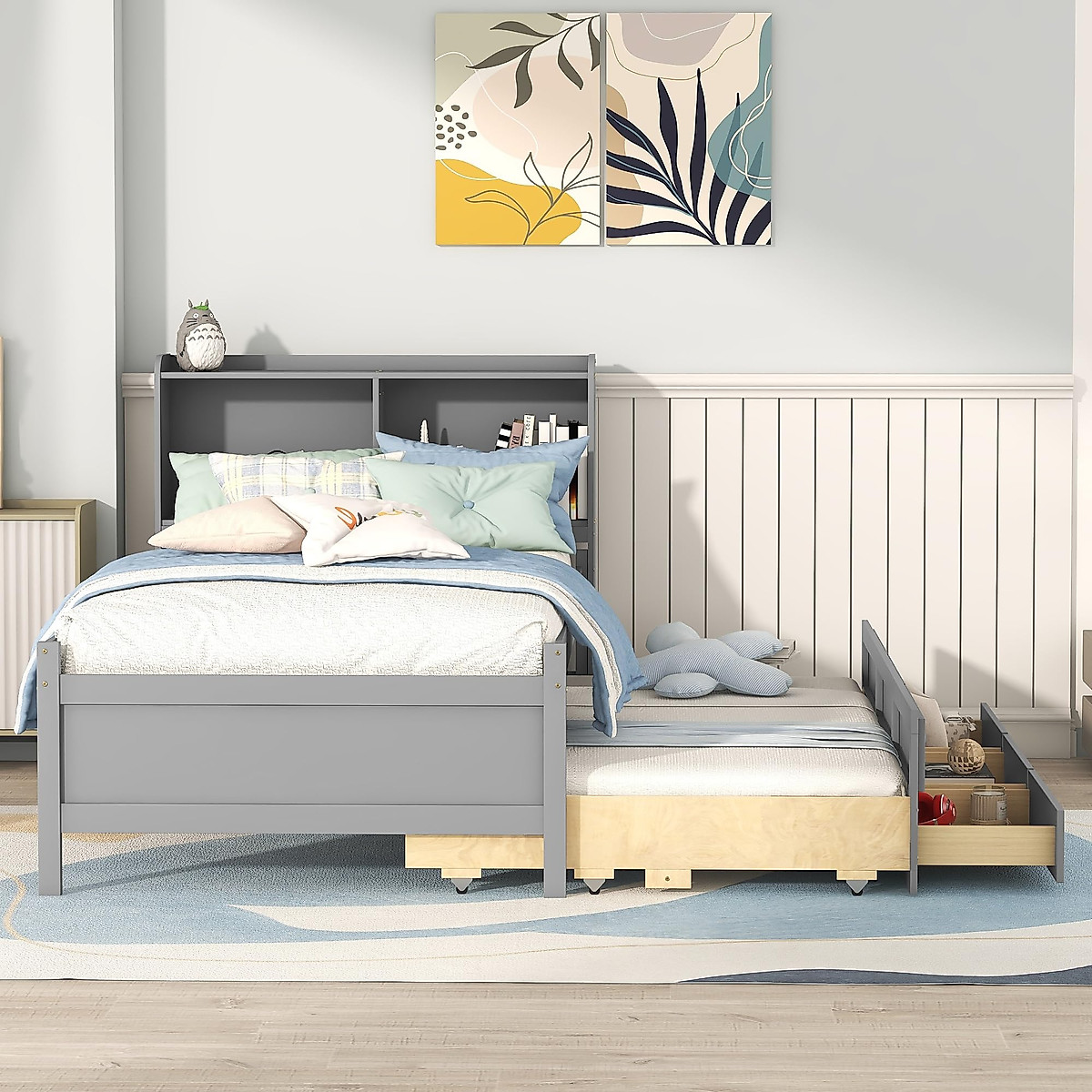 Harper & Bright Designs Twin Bed Frame with Bookcase Headboard, Wooden Twin Size Platform Bed with Trundle and 3 Storage Drawers,Twin Storage Bed for Kids Girls Boys,No Box Spring Needed,Grey