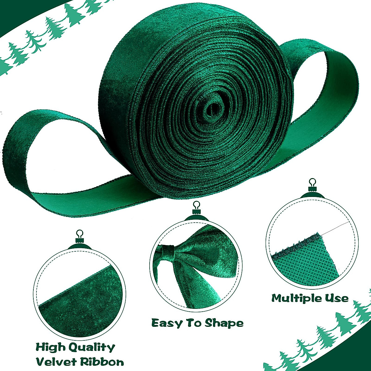 WILLBOND 50 Yards 2.5 Inch Christmas Velvet Wired Ribbon Fabric Decorative Ribbon Gift Wrapping Ribbon for DIY Craft Christmas Holiday Bows Wreath Wedding Indoor Outdoor(Green)