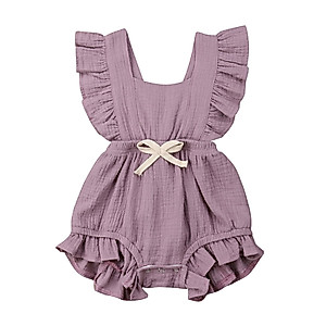 VISGOGO Toddler Baby Girl Ruffled Rompers Sleeveless Cotton Romper Bodysuit Jumpsuit Clothes (6-12 Months, Purple)