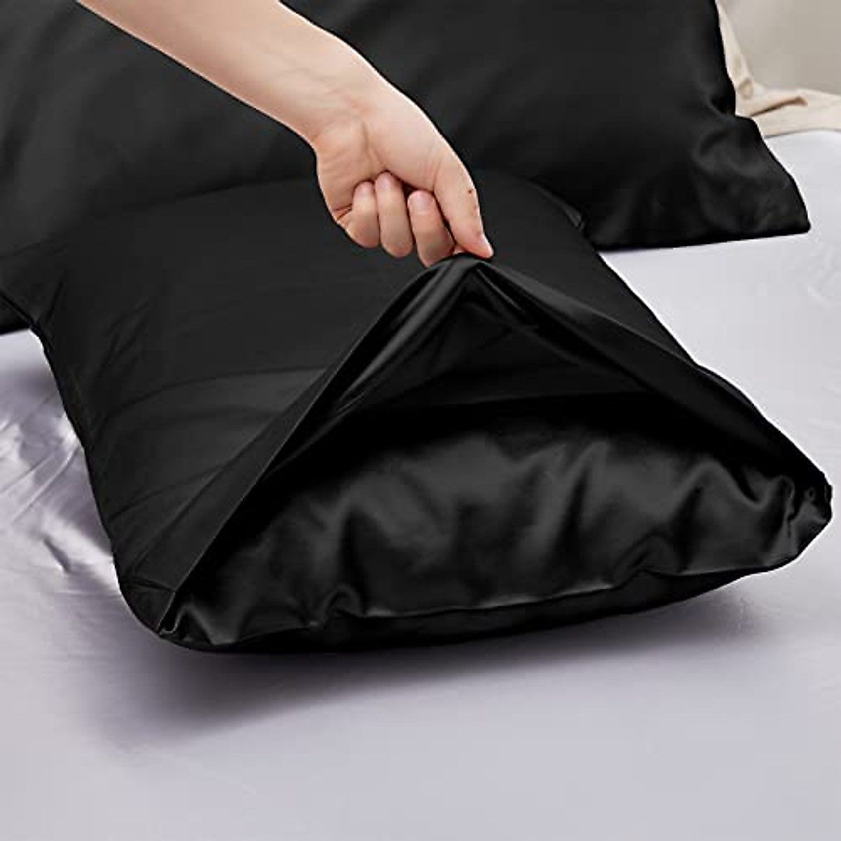 KINMEROOM Satin Pillow Cases Queen Size Set of 2, Similar to Silk Pillow Cases 2 Pack,Black Silky Satin Pillowcase for Hair and Skin,Pillow Covers with Envelope Closure for Women (20x30 Inches)
