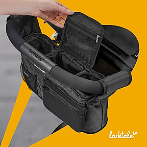 Larktale Universal Stroller Organizer | 2-in-1 Stroller Handlebar Console with Two Insulated Cup Holders, Multiple Storage Pockets, Phone Holder, Removable Shoulder Strap and Zippered Clutch | Removable Cooler Pouch for Transporting Baby's Food, Drinks, a