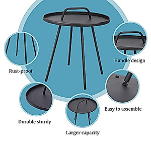 Vipush Outdoor Side Tables with Handle Round Metal End Table for Living Room Bedroom Garden Porch Balcony Backyard Water Proof Weather Resistant, (H) 17.5" x(D) 17.7", Black