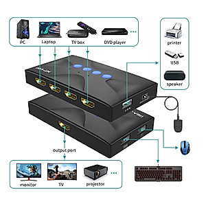 MT-VIKI KVM Switch 4 Port, HDMI KVM Switch for 4 Computers Share One HD 4K Monitor and 3 USB Devices Keyboard Mouse Printer, Including 4 KVM Cables and Wire-Desktop Controller