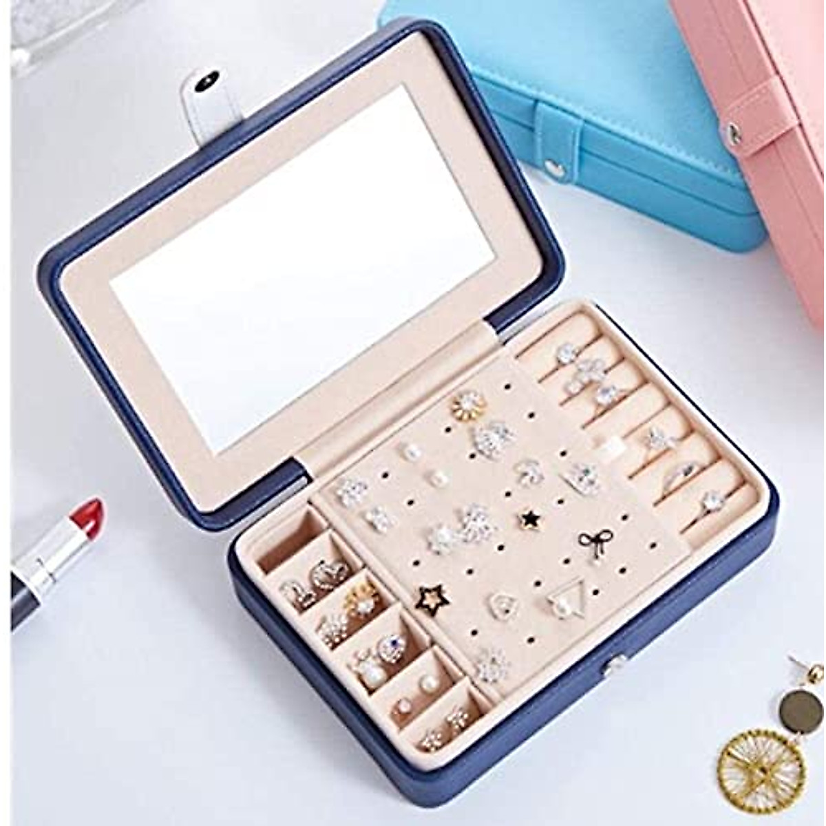 ZZYINH AN207 Portable PU Leather Jewelry Box Travel Jewelry Organizer Multifunction Necklace Earring Ring Storage Box Women Gifts Small Jewelry (Color : Blue)
