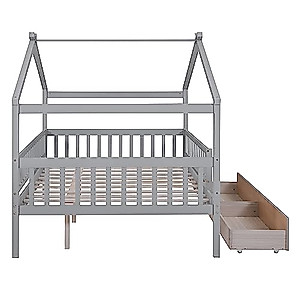 Merax Full Size Wooden House Bed with Two Drawers, Wood Bed Frame with Roof and Safety Guardrail for Kids, Teens, Boys or Girls, Gray