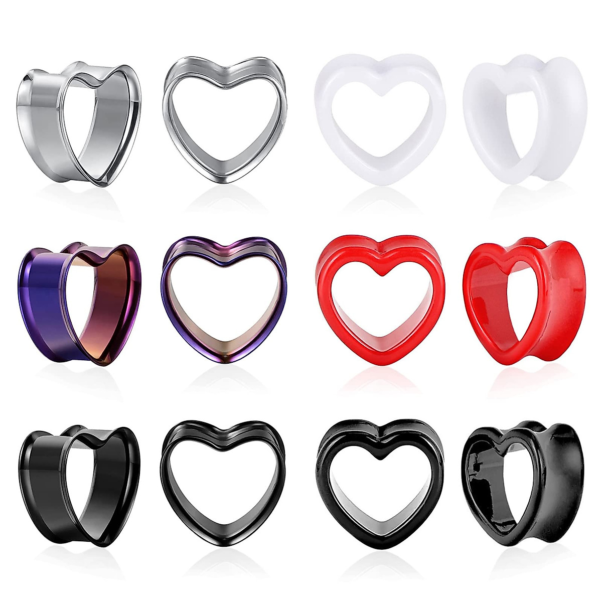 Longbeauty 6 Pairs Heart Shape Gauges for Ears Ear Tunnels Plugs Mix Color Stretchers Expander 0g-5/8 inch