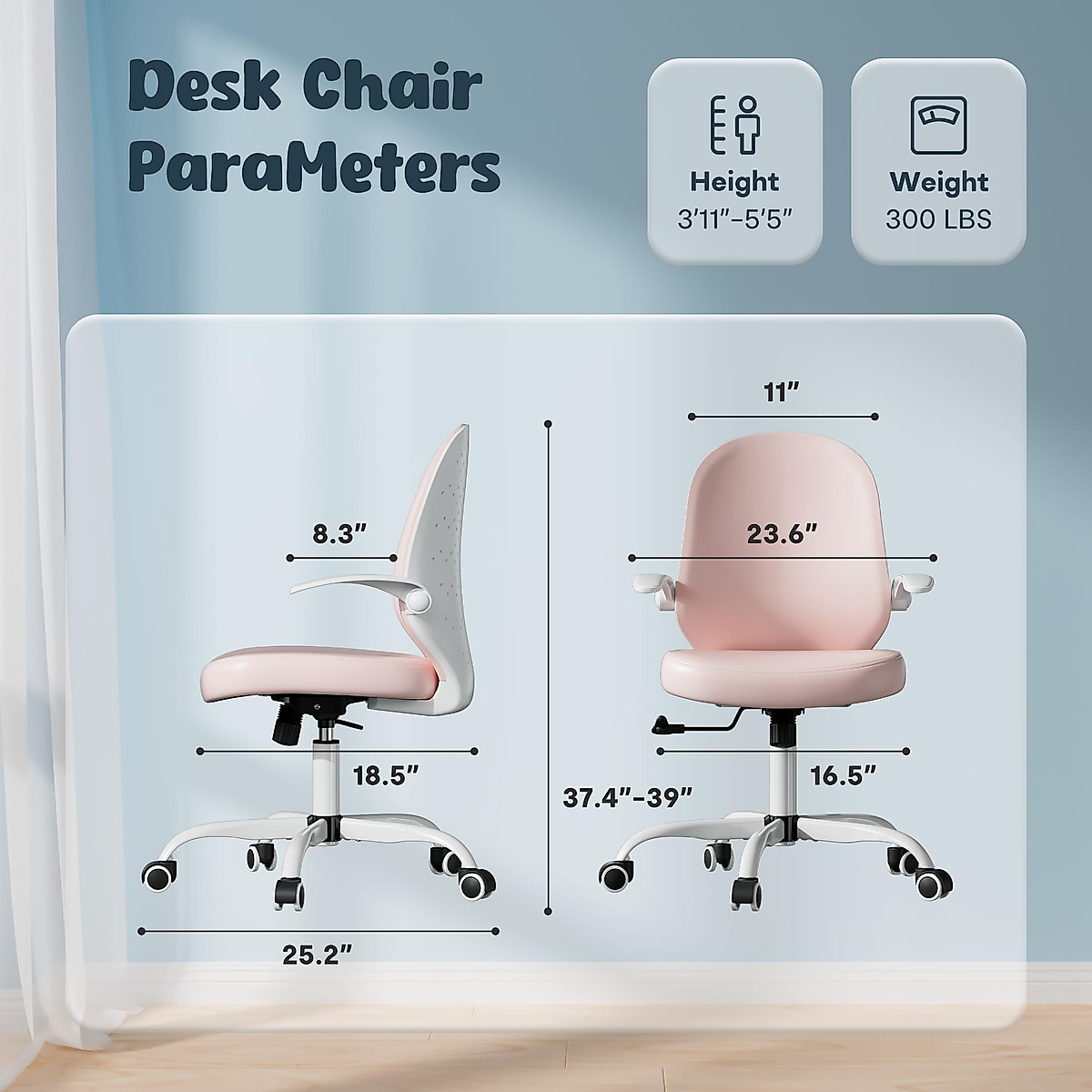 Kids Desk Chair with Arms and Wheels, Pink Ergonomic Leather Comfy Office Chair with Flipping Armrests, Study Chair for Girls and Boys, Small and Cute Adjustable Height Computer Desk Chair