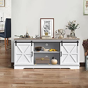 YITAHOME Kitchen Buffet Cabinet, 60“ Farmhouse Sliding Barn Door Coffee Bar Sideboard Buffet Cabinet with Capacity 300 lbs for Home Kitchen Dinning Living Room, Grey White/Grey Wash