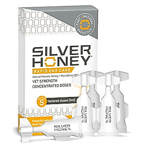 Absorbine Silver Honey Rapid Ear Care Vet Strength Concentrated Doses, 5 Ear Drops for 10 Days on 1 Ear for Dogs & Cats, Medical Grade Manuka Honey & MicroSilver BG