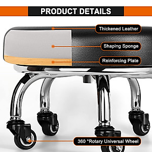 FLOLXNB Low Rolling Stool, Low Stool with Wheels, PU Leather Low Roller Seat Stool Chair, Rolling Seat Stool for Home Office Garage Shop (Style 2)
