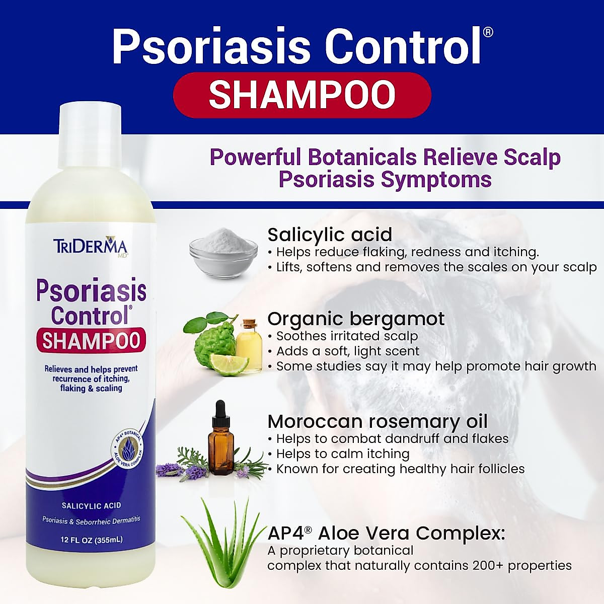 TriDerma Psoriasis Control Scalp Exfoliator Shampoo with 3% Salicylic Acid and Rosemary, Salon Quality Shampoo for Psoriasis, Seborrheic Dermatitis, No Coal Tar, Fresh Scent 12 oz