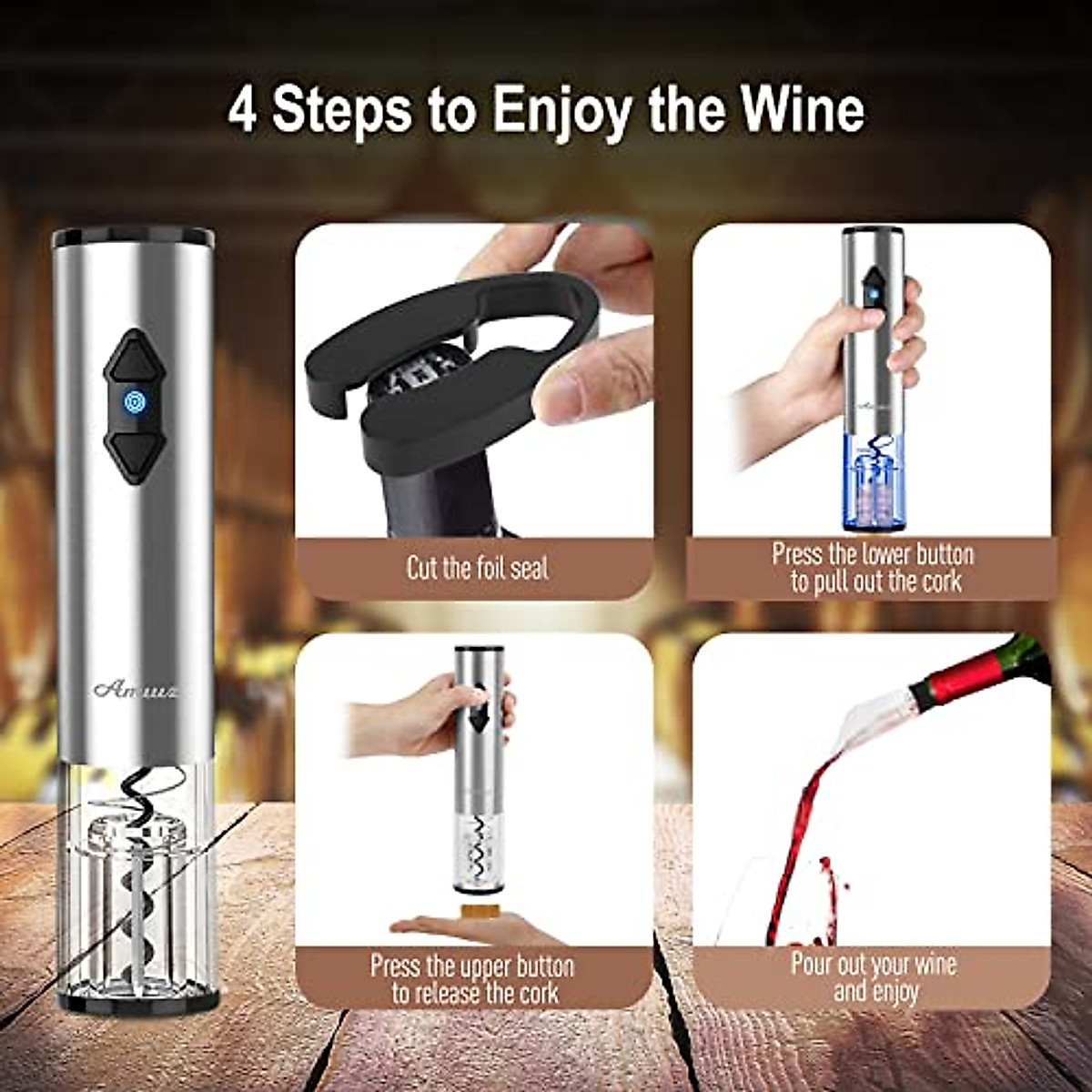 AMIUZ Electric Wine Opener, Battery Operated Corkscrew, Automatic Bottle Opener, Wine Gift Set
