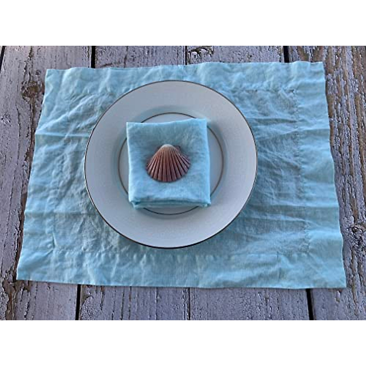Eight Owls Stonewashed Linen Placemats – 15” x 20”– Set of 4-100% Pure Linen Cloth - Mitered Corners – 2" Hem – Coast (Aqua Lagoon)