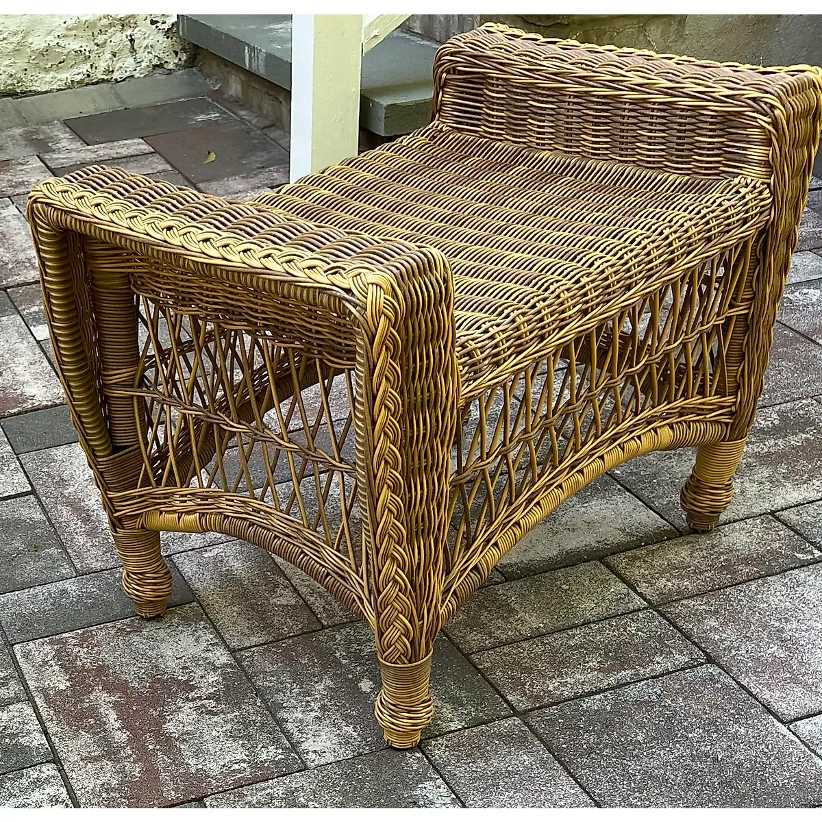 Honey Brown Wicker Patio Ottoman - Outdoor All Weather Wicker Footstool - Resin Aluminum Framed Bench - Cape Cod Style