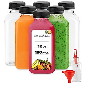 12 oz Plastic Bottles with Caps (100 pack) - Reusable Clear Empty Juice Bottles - 12 Oz Drink Containers for Mini Fridge, Juicer Shots - Mini Water Bottles - Include Labels, Brush & Funnel