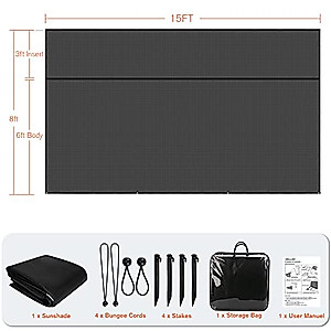 WELLUCK RV Awning Sun Shade Screen with Zipper, 9'X15' Black Mesh Camper Sunshade RV Awning Accessories, UV Blocker Privacy Screen Complete Kit for Motorhome Camper Travel Trailer Canopy