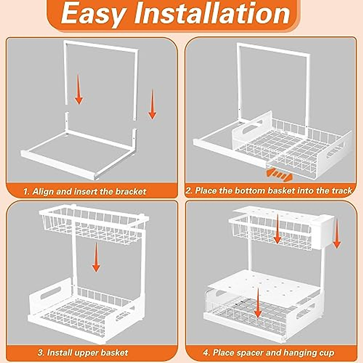 SPACEKEEPER Under Sink Organizer, 2-Tier Sliding Under Bathroom Sink Storage Pull Out Cabinet Organizer Metal Material Multi-purpose for Kitchen Bathroom, White, 2 Pack