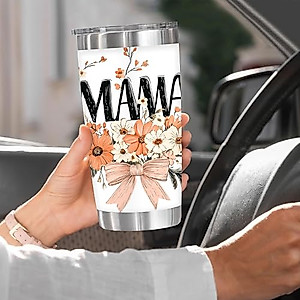 FOCIUZTA 20oz MAMA Floral Ribbon Tumbler with lid, Travel Coffee Cup, Ideal for Easter, Mother Day, and birthday gifts