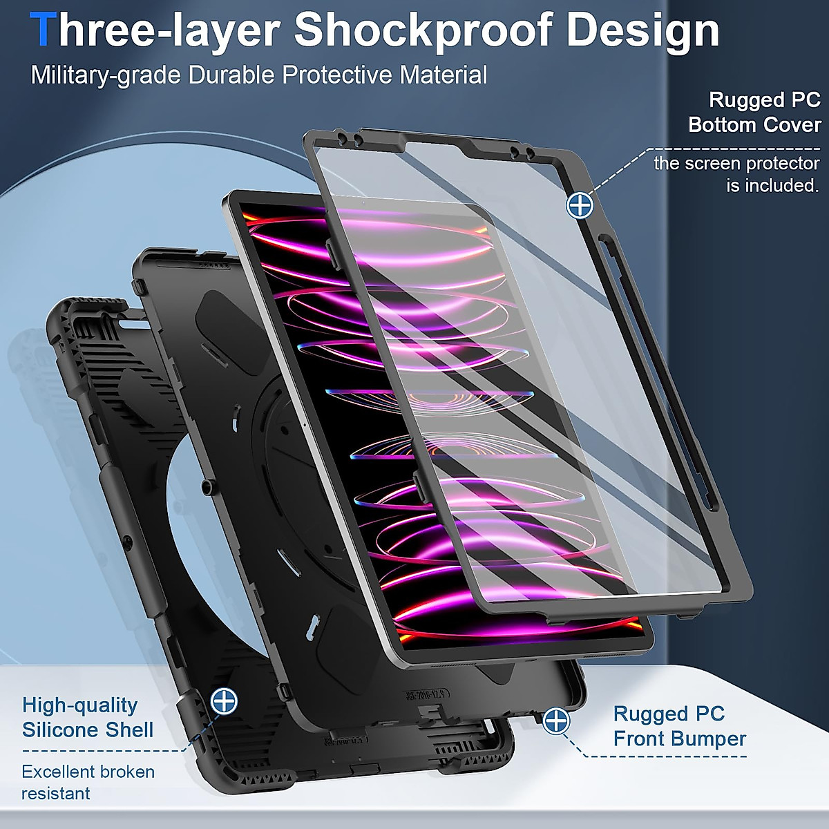 GROLEOA for iPad Pro 12.9 Case 2022/2021/2020 with Pencil Holder Screen Protector, iPad Pro 12.9 inch 6th/5th/4th Generation Cover, Full Body Shockproof Protective Rubber Case W/Stand Strap, Black