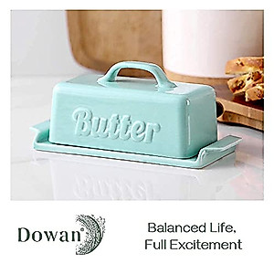 DOWAN Butter Dish with Lid and Knife, Butter Dish with Cutting Measurements and Humanized Knife Handle for East West Coast Butter, Ceramic Butter Dish with Lid for Countertop, Turquoise