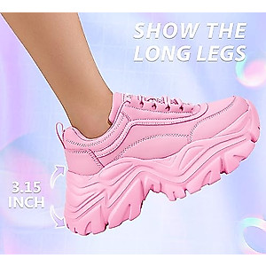 K KIP WOK Chunky Sneakers for Women Fashion Platform White Leather Casual Dad Shoes Comfortable Wedge Walking Sport Sneakers(Pink,7)