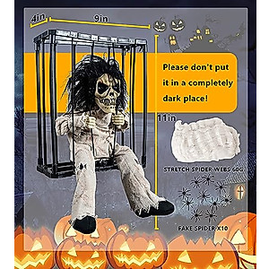 Skeleton Animated Halloween Decorations, Screaming Halloween Decor with Motion Activated & Light Sensor, Spooky Prisoner Cage with Spider Web Haunted House Decorations by CRILEAL, Ghost with Long-hair