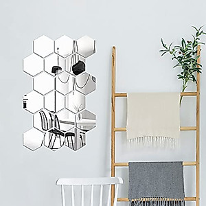 FUNCSDIK Hexagon Mirror Wall Sticker 12 Pieces Acrylic Mirror Three-Dimensional Wall Stickers for Living Room Entrance Hallway Stairs Personalized Decorative Mirror Stickers (Hexagon Mirror)