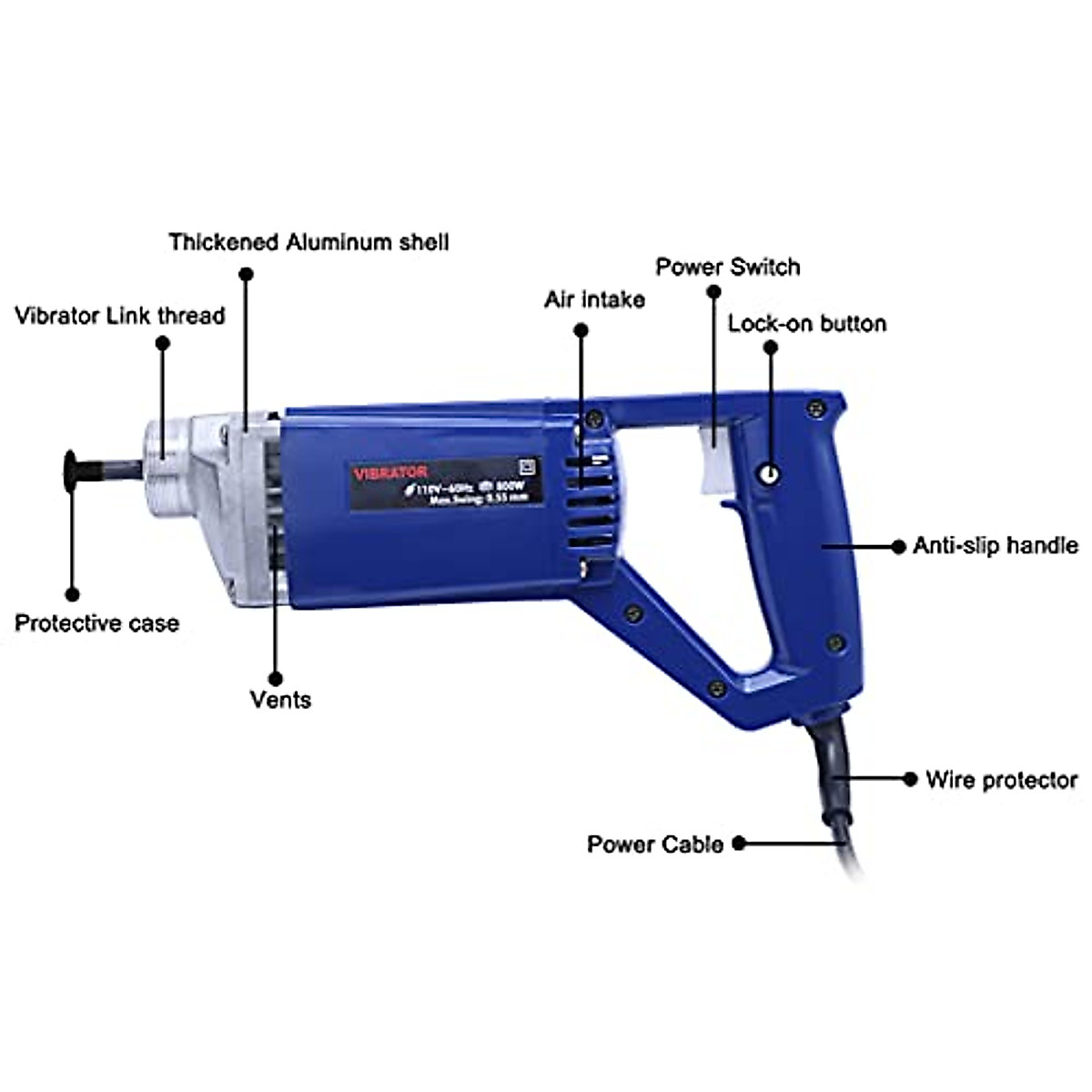 Bizoepro Hand Held Power Concrete Vibrators 13000 VPM Electric Concrete Vibrator 800W 3/4 HP Handheld Construction Portable Pencil Concrete Vibrabrater